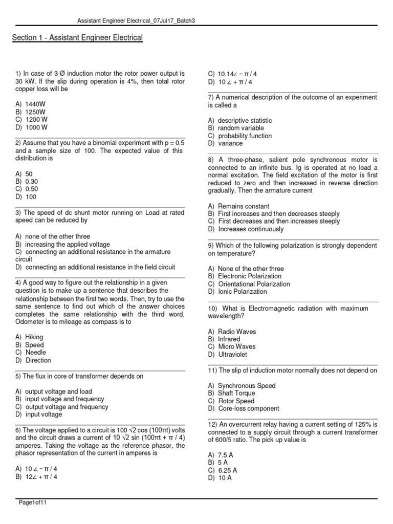 Electrical Engineering Exam Prep | PDF | Electric Motor | Inductance