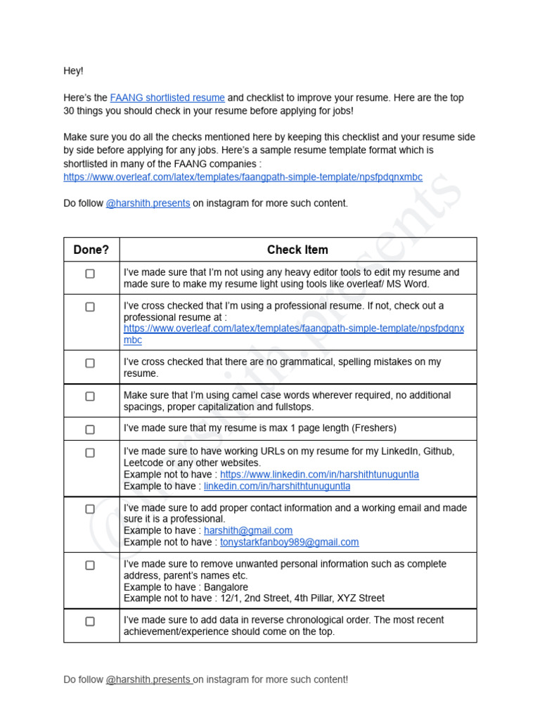 FAANG Resume Checklist and Template | PDF | Résumé