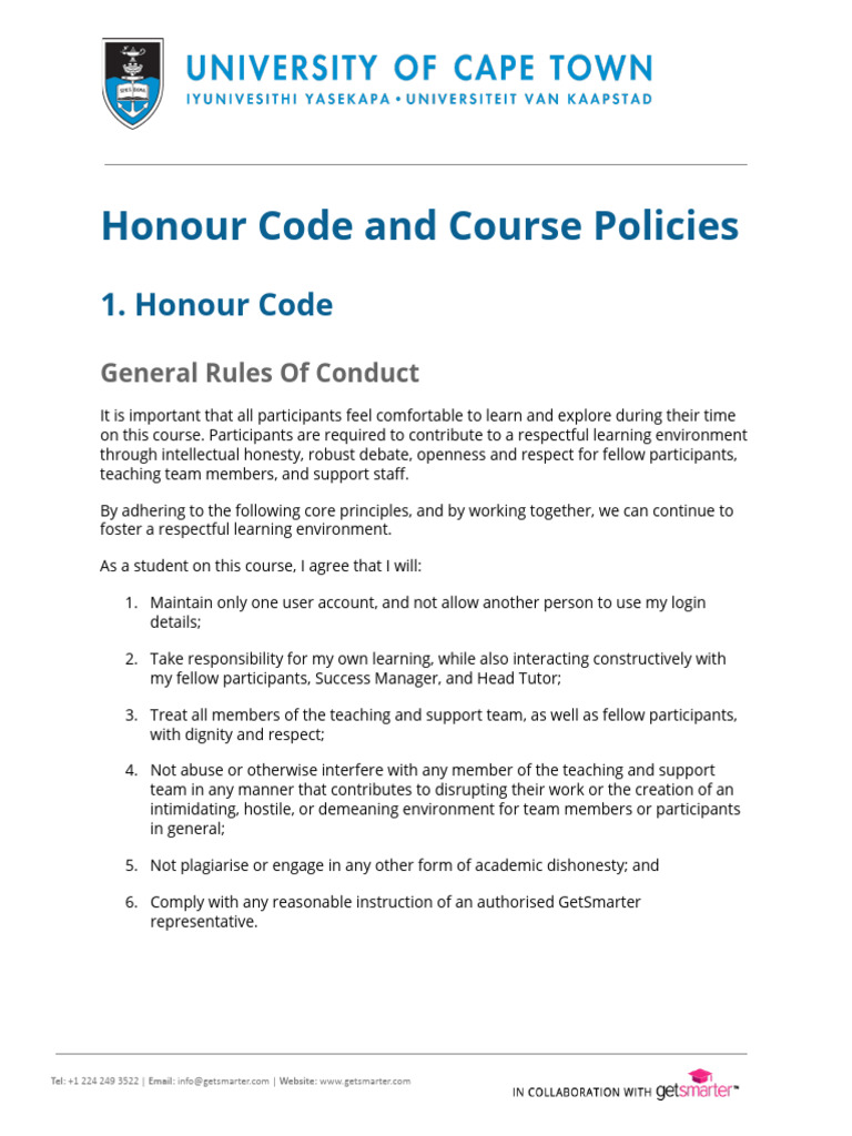 UCT Honour Code and Course Policies | PDF | Plagiarism | Justice