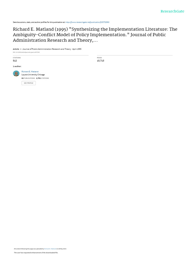 4 Matland Synthesizing The Implementation Literature | PDF | Policy | Decision Making