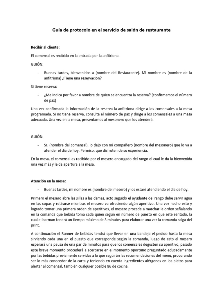 Guía de Protocolo en El Servicio de Salón de Restaurante | Descargar gratis PDF | Camareros ...