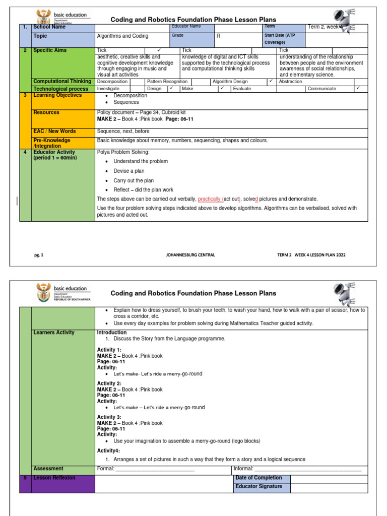 JJV WK 4 GR R T2 Algorithms and Coding | PDF | Lesson Plan | Computer ...