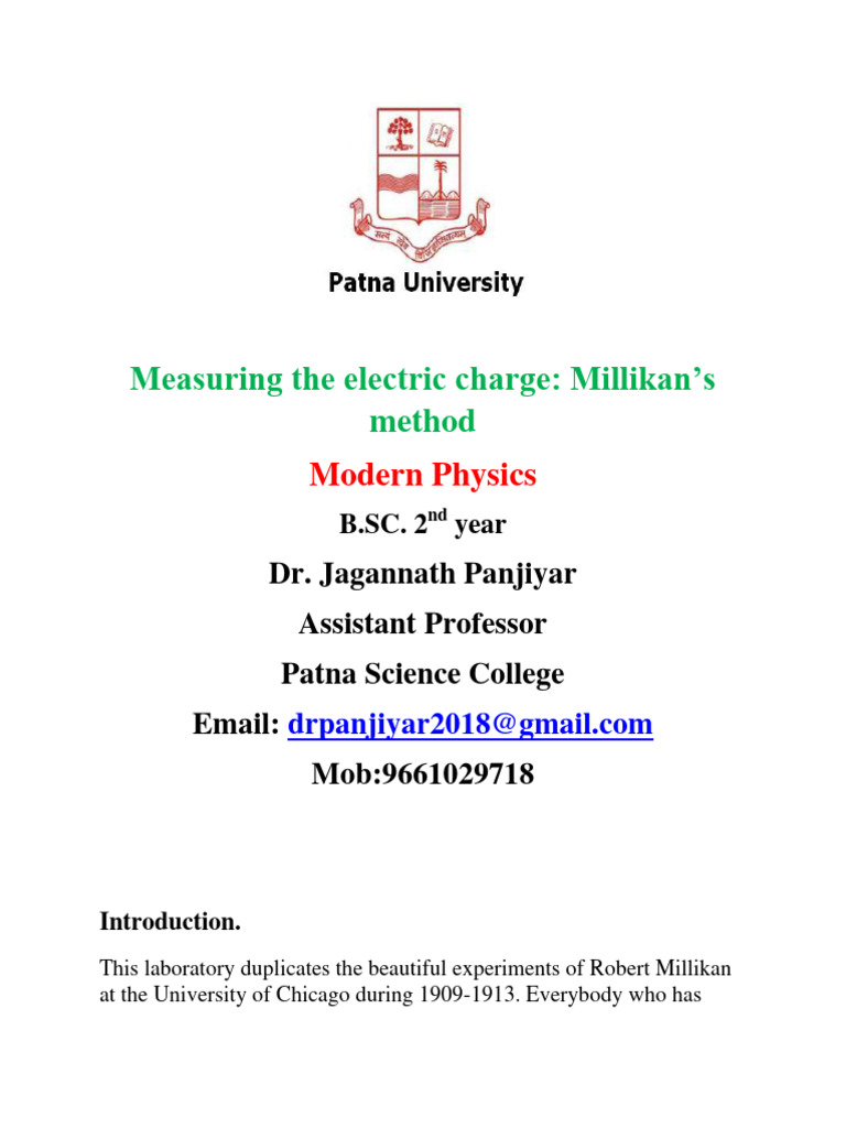 Measurement of Electric Charge by Millikan's Experiment | PDF | Physical Sciences | Applied And ...