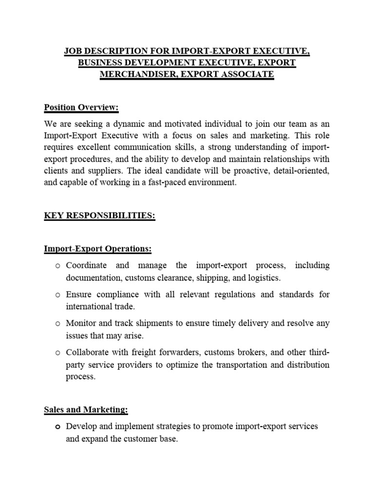 Import-Export Executive Job Description | PDF | Marketing | Supply Chain