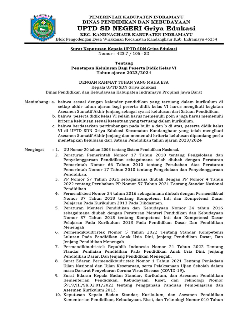 Contoh SK Penetapan Kelulusan 2024 | PDF