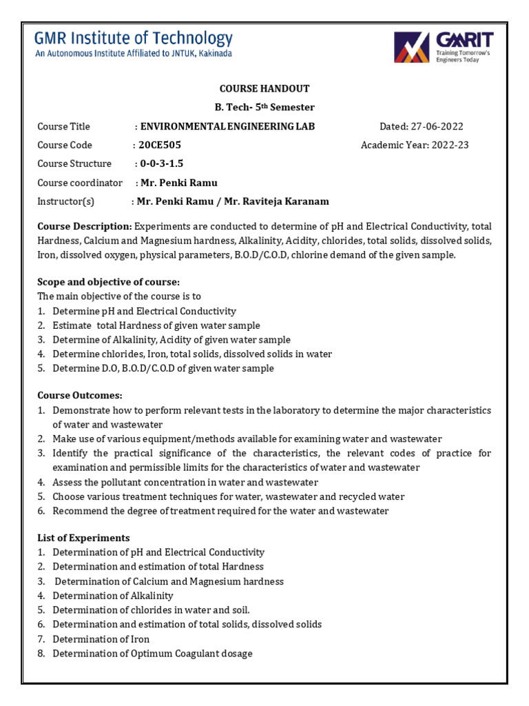 Handout BTech 2022-23 CE 5th Sem EE Lab | PDF | Water | Ph