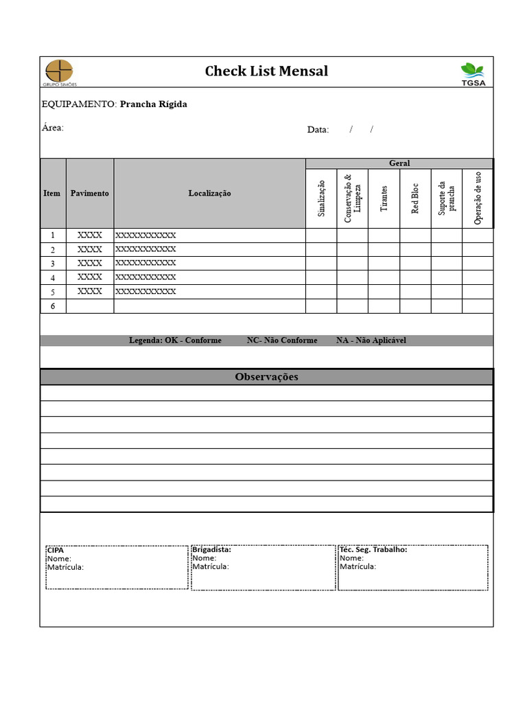 CHECK LIST - EQUIPAMENTO DE SEGURANÇA | PDF