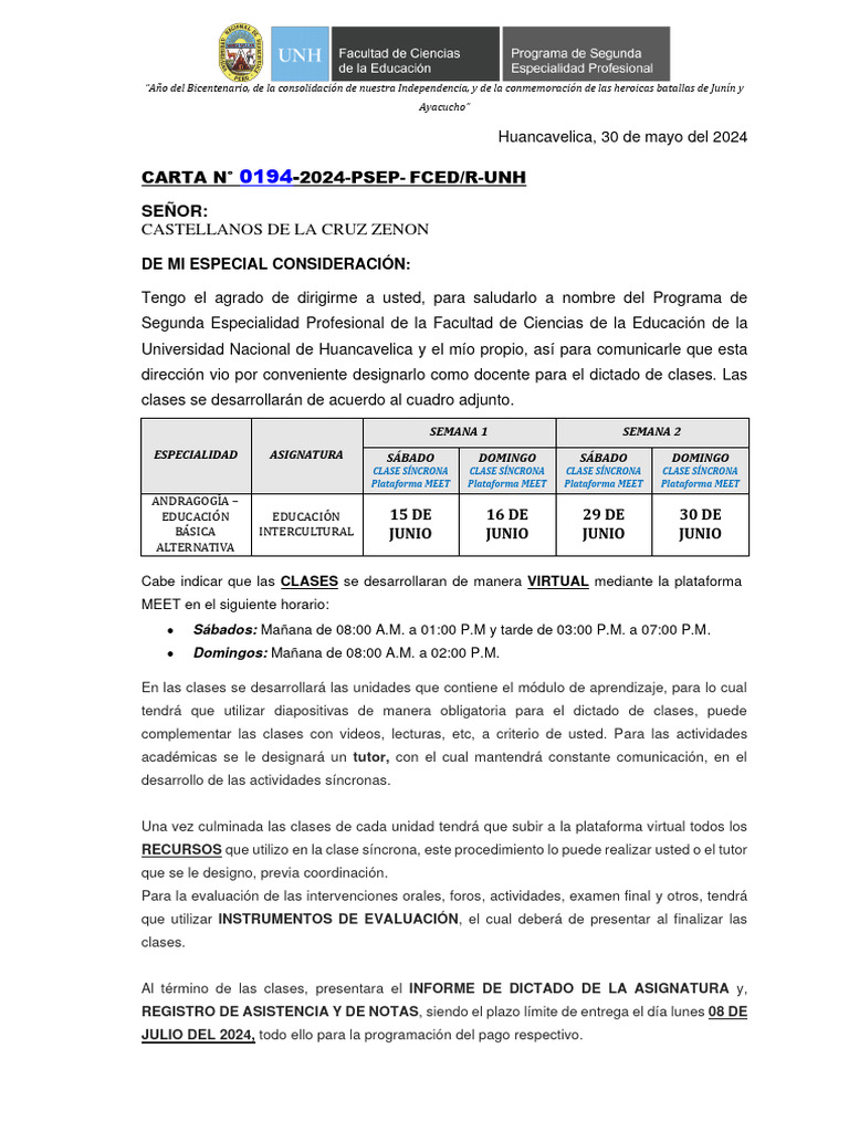 Carta #0194-2024-Dictado de Clases-Mg. Zenon | PDF
