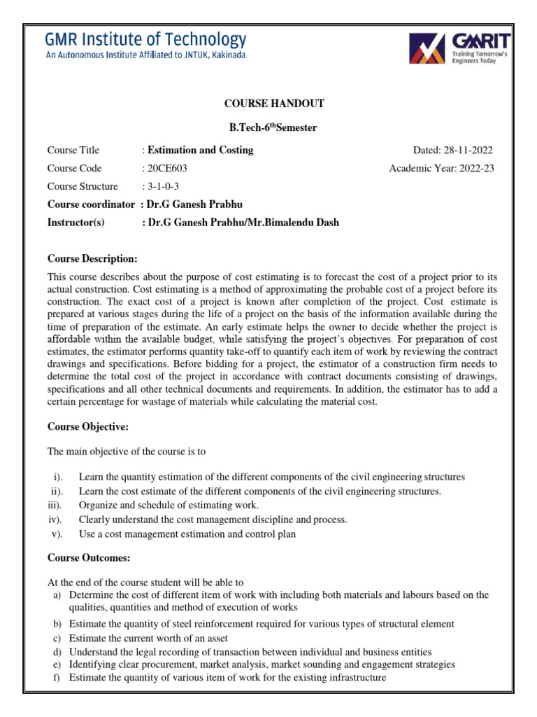 Handout BTech 2022-23 CE 6th Sem EC | PDF | Specification (Technical Standard) | Valuation (Finance)
