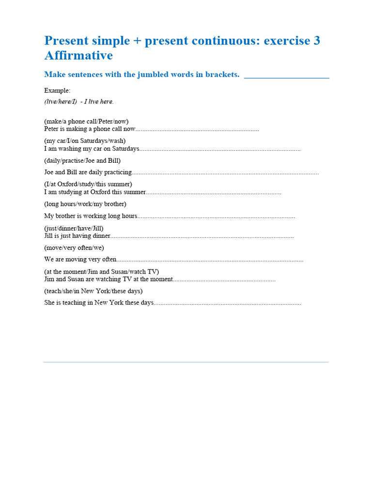 Present Tenses Exercises 3 Jumbled Sentences | PDF