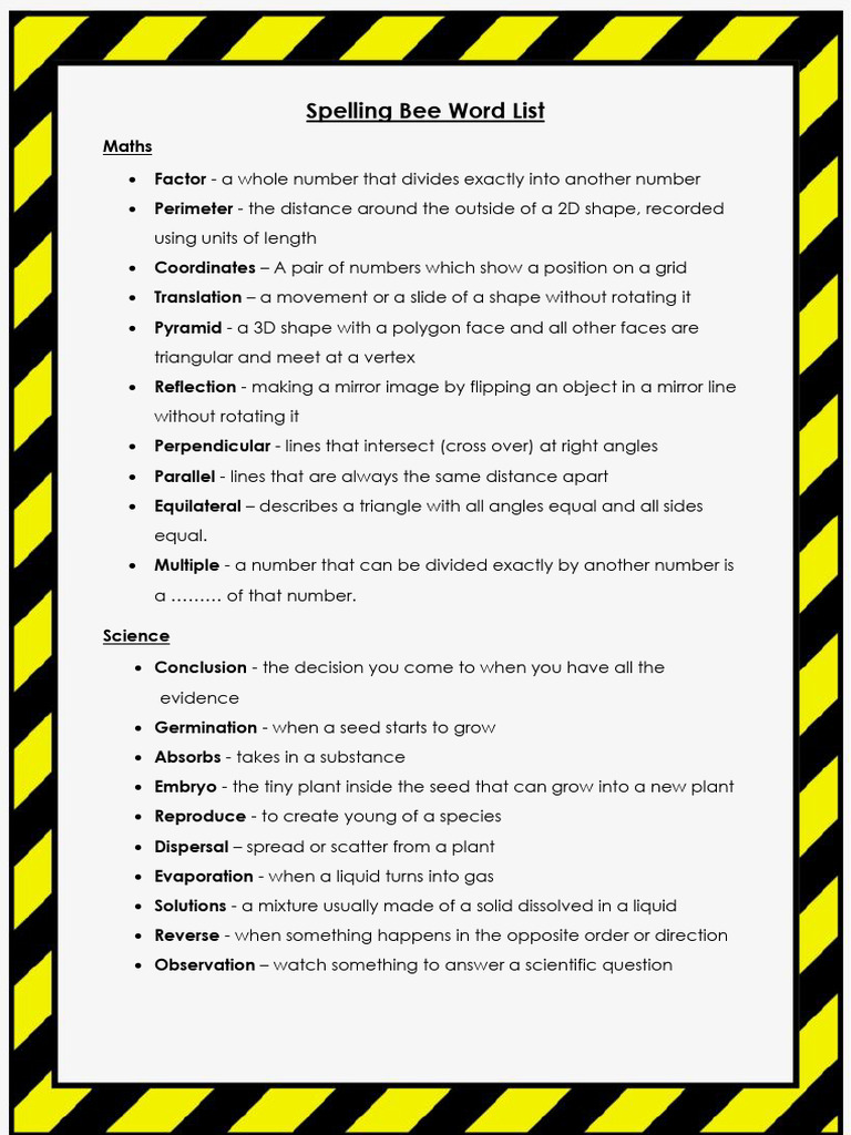 Spelling Bee Word List: Math, Science, English | PDF | Triangle | Shape
