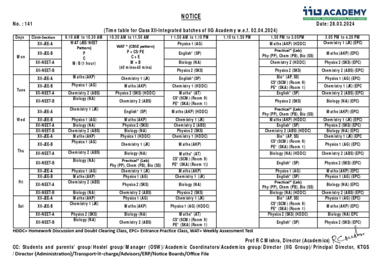 Final Time Table For Class XII-wef 02.04 - 141 | PDF | Natural Sciences ...