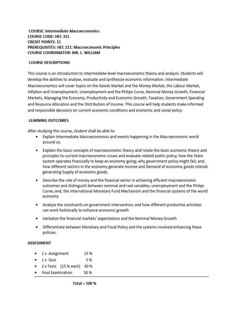 HEC 311 COURSE Outline 2024 | PDF | Macroeconomics | Monetary Policy