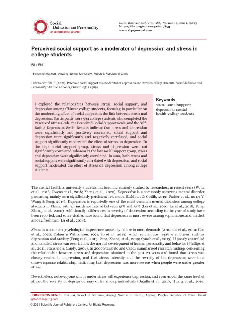 Perceived Social Support As A Moderator of Depression and Stress in ...