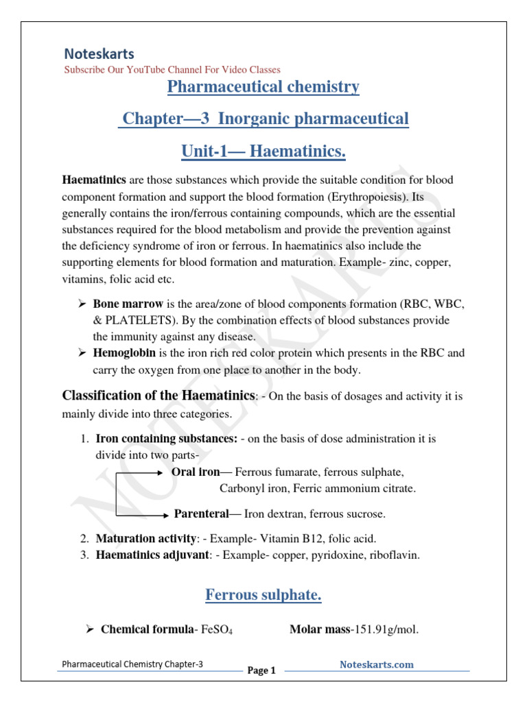 Chapter 3 Unit 1 Hematinics Pharmaceutical Chemistry PDF Notes ER20 ...