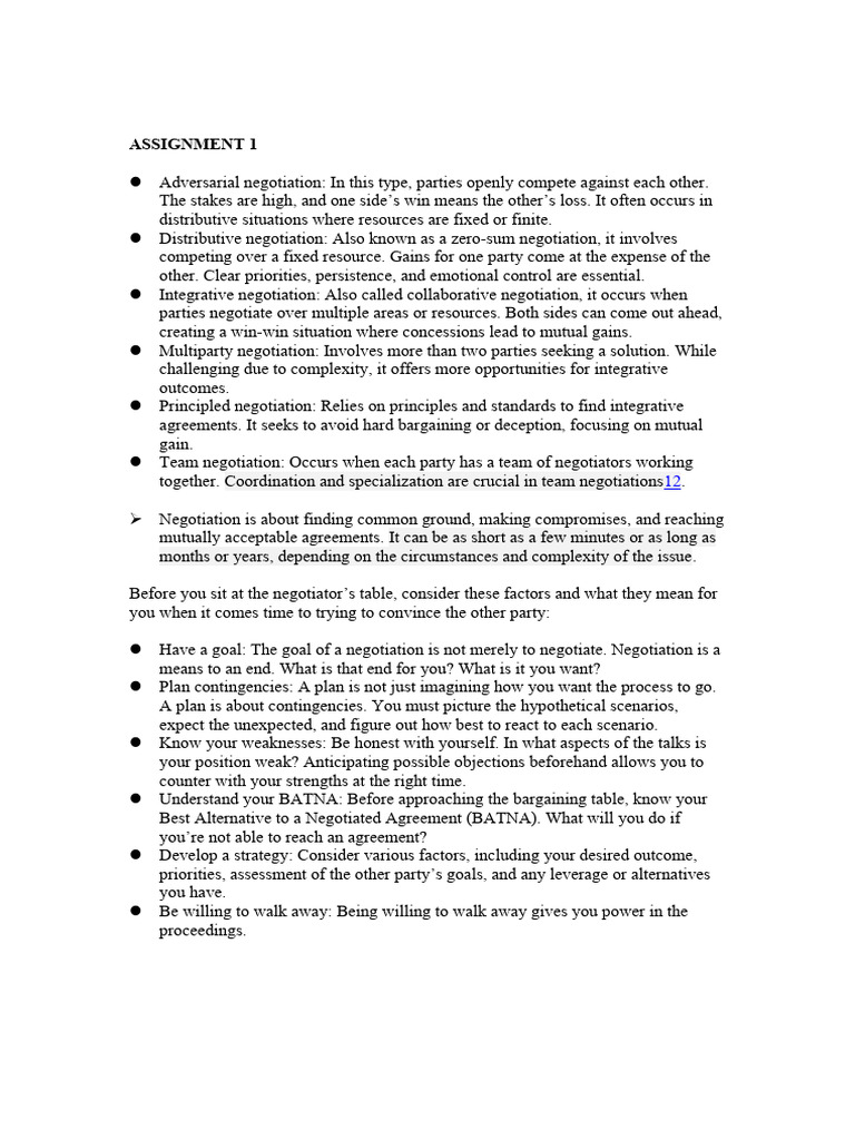 Assignment 1 | PDF | Negotiation | Psychological Concepts