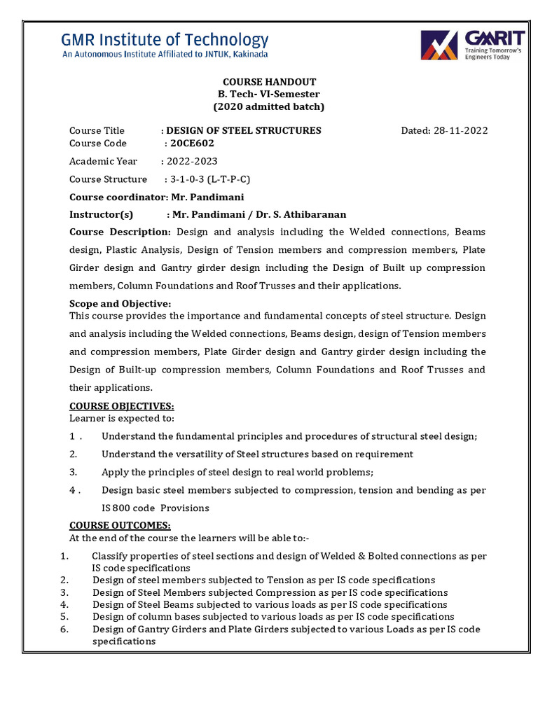Handout BTech 2022-23 CE 6th Sem DSS | Download Free PDF | Beam (Structure) | Column