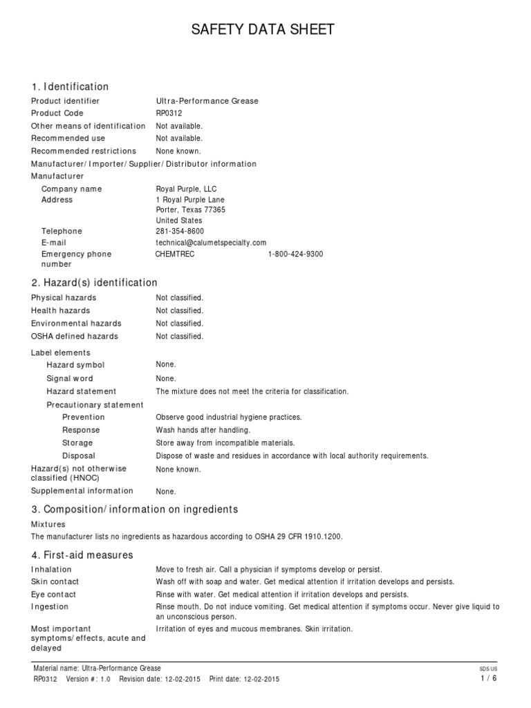 SDS Ultra Performance Grease US Eng | PDF | Dangerous Goods | Personal ...