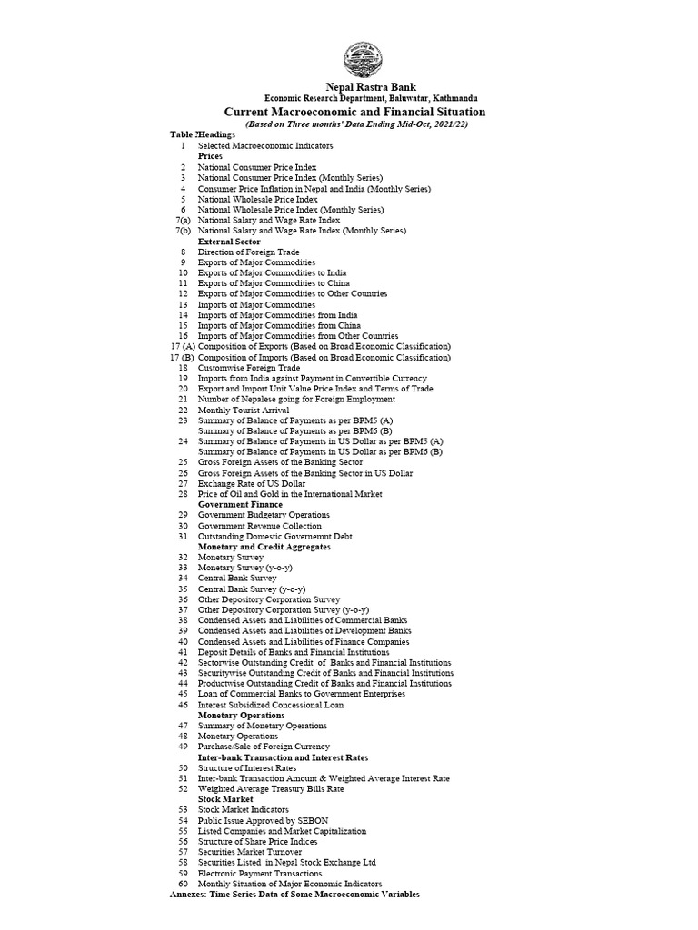 Current Macroeconomic and Financial Situation Tables Based On Three ...