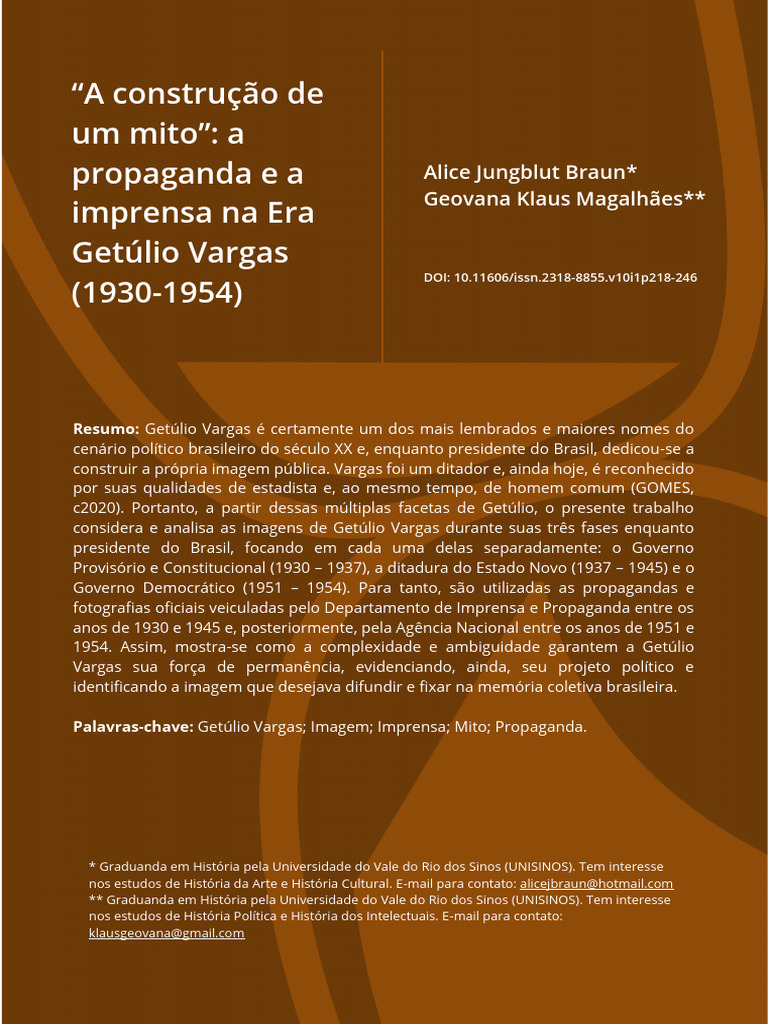 "A Construção de Um Mito": A Propaganda e A Imprensa Na Era Getúlio ...