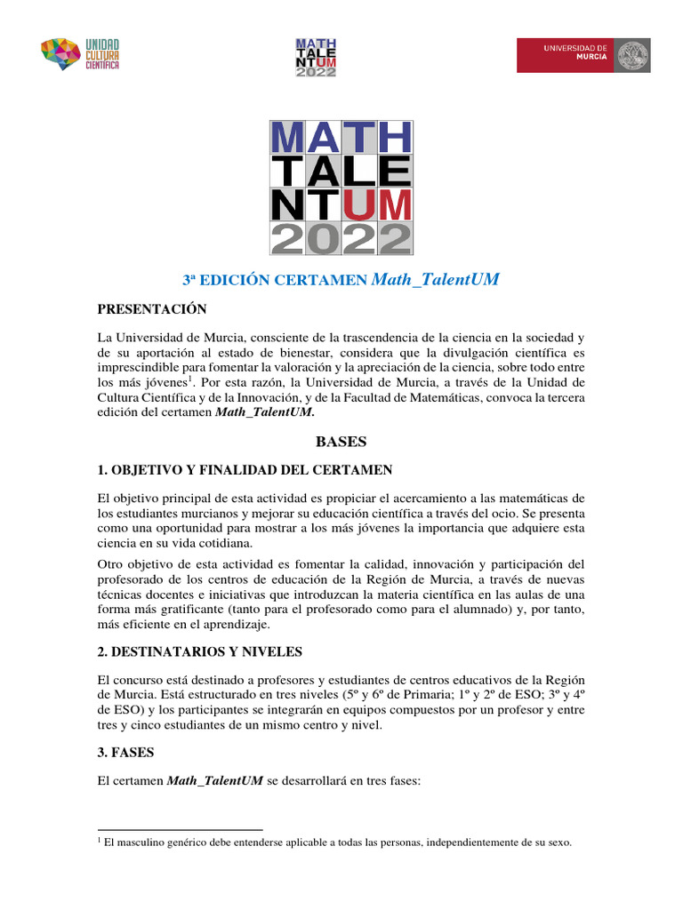 3 EDICIÓN Math TalentUM 2022 Bases | PDF | Maestros