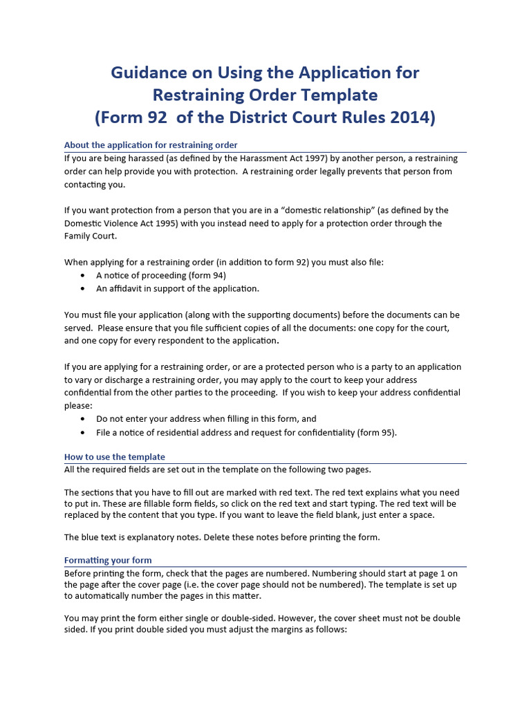Form 92 Application For Restraining Order | PDF | Restraining Order ...