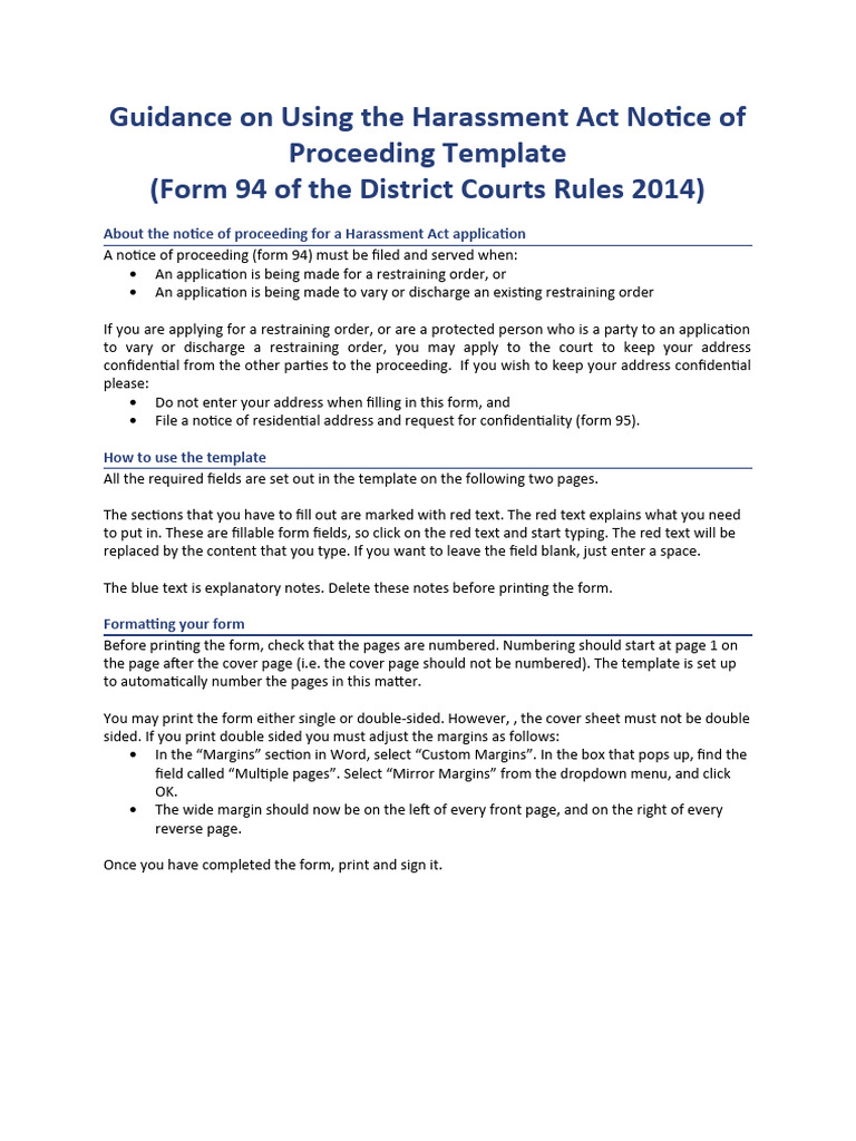 Form94 Harassment Act Notice of Proceeding | Download Free PDF | Restraining Order | Common Law