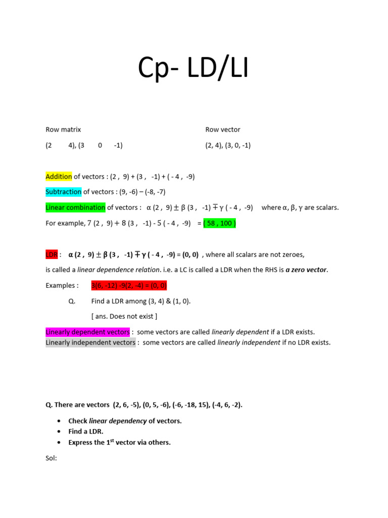 Linear Combination Of Vectors Pdf Euclidean Vector Applied
