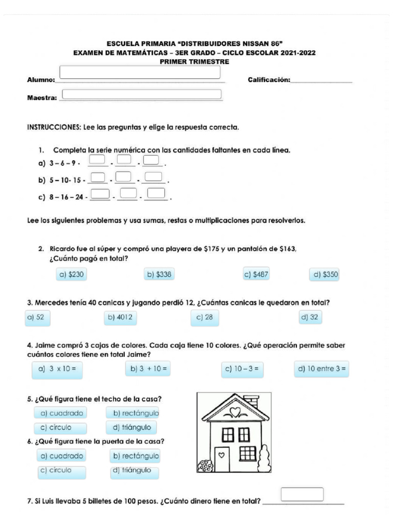 Examen de Matemáticas, Tercer Grado Worksheet - Live Worksheets | PDF