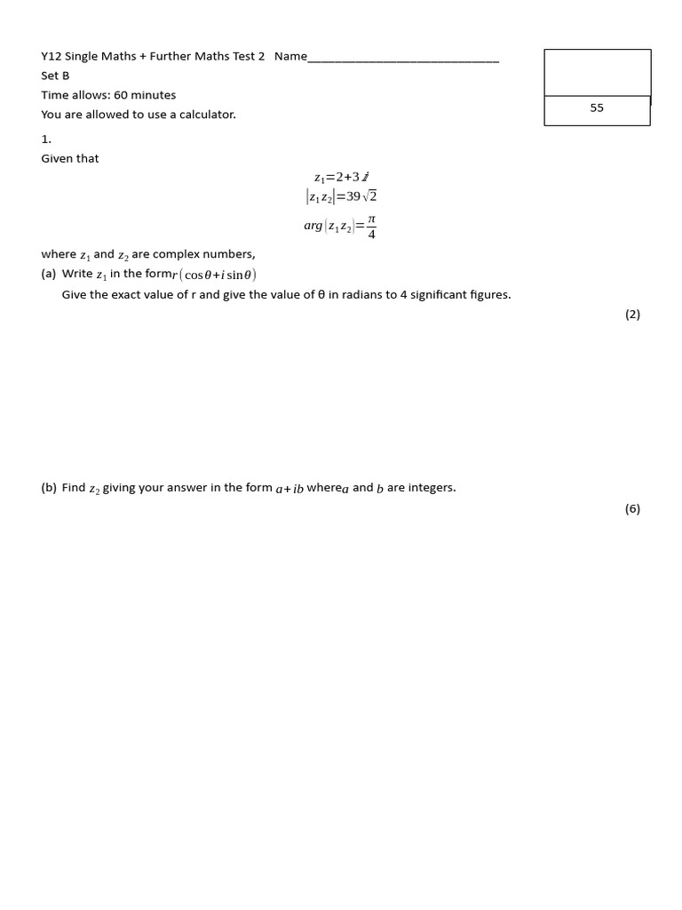 Y12 Single + Further Maths Test 2 Set B Question | PDF | Equations ...