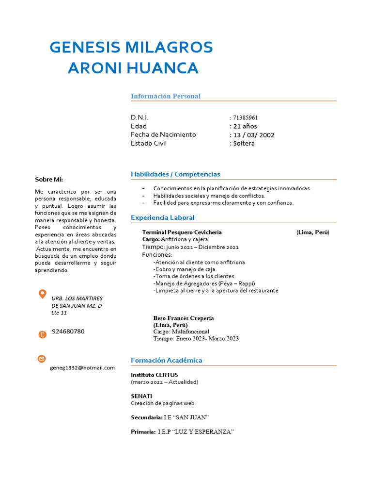 Genesis Aroni Huanca Cv | PDF