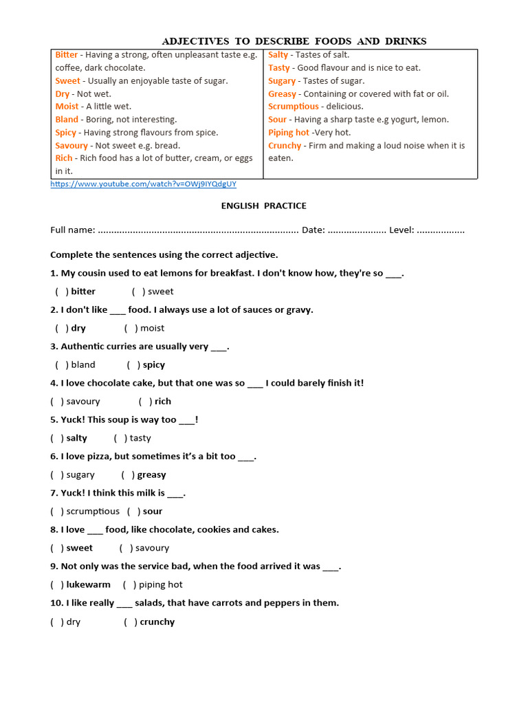 Adjectives To Describe Foods and Drinks | PDF