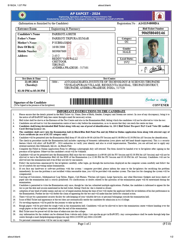 AP EAPCET 2024 Exam Hall Ticket Details | PDF | Identity Document