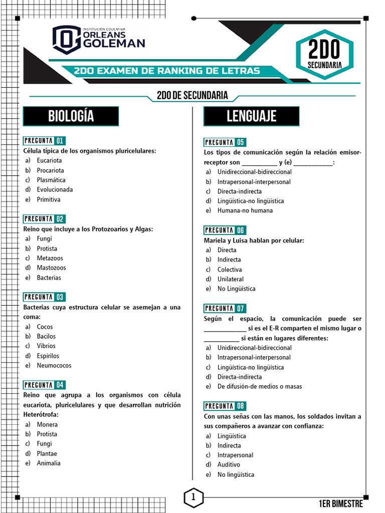 2DO DE SECUNDARIA - 2DO EXAMEN DE RANKING DE LETRASS OG24 - 24 DE MARZO | PDF | Homo | Eucariotas