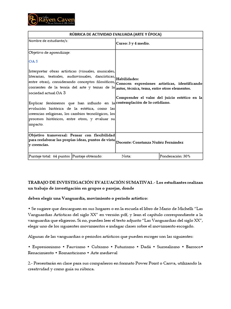 Rúbrica de Actividad Evaluada (El Objeto Estético) | PDF | Vanguardia | Belleza