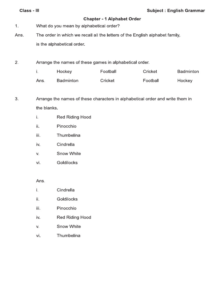 Class 3 Subject English Grammar Chapter 1 Alphabetical Order 1 | PDF