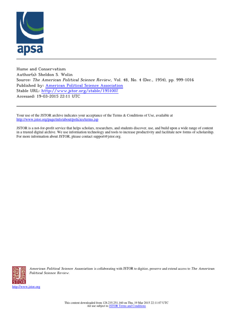 WOLIN, S. Hume and Conservatism | PDF | Reason | David Hume