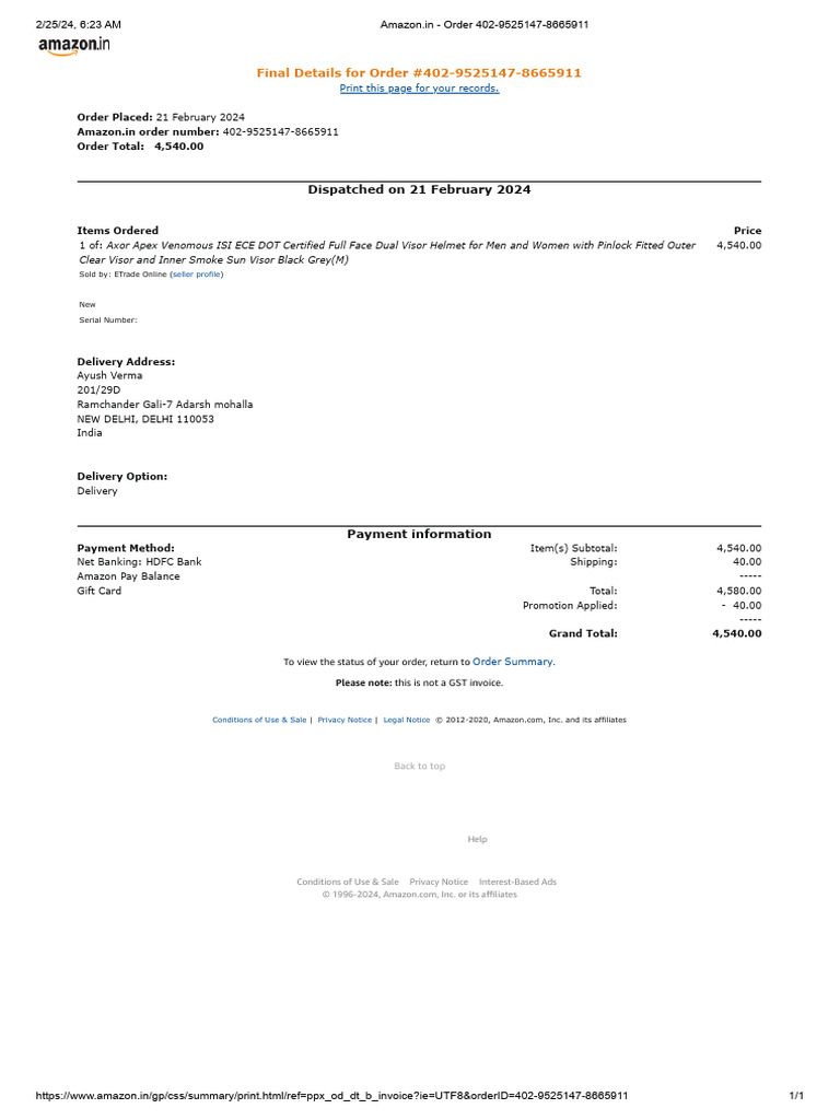 Amazon Order Summary for Ayush Verma | PDF | Payments