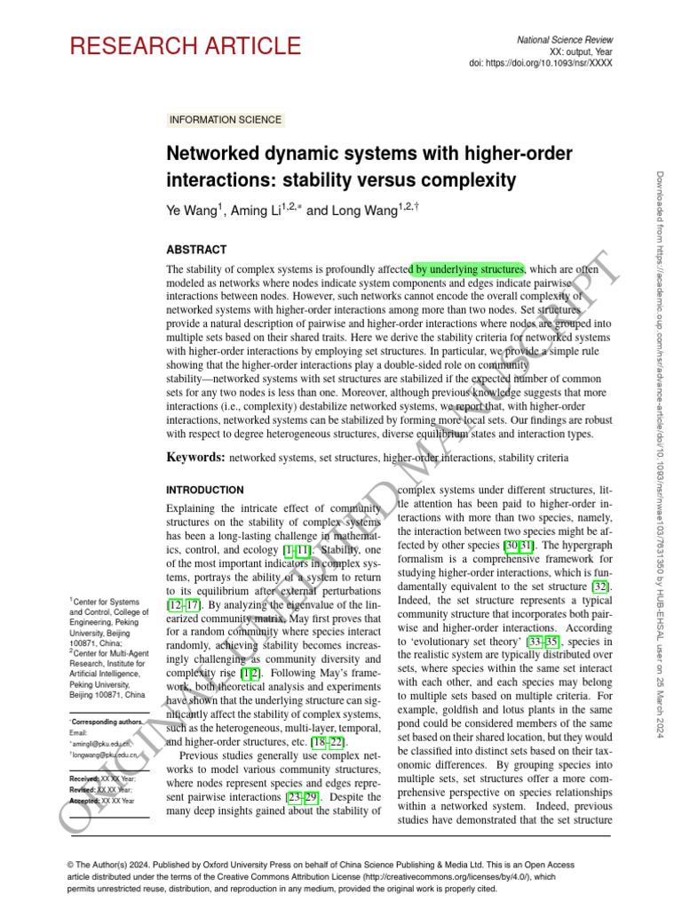 Networked Dynamic Systems With Higher-Order Interactions - Stability Versus Complexity | PDF ...