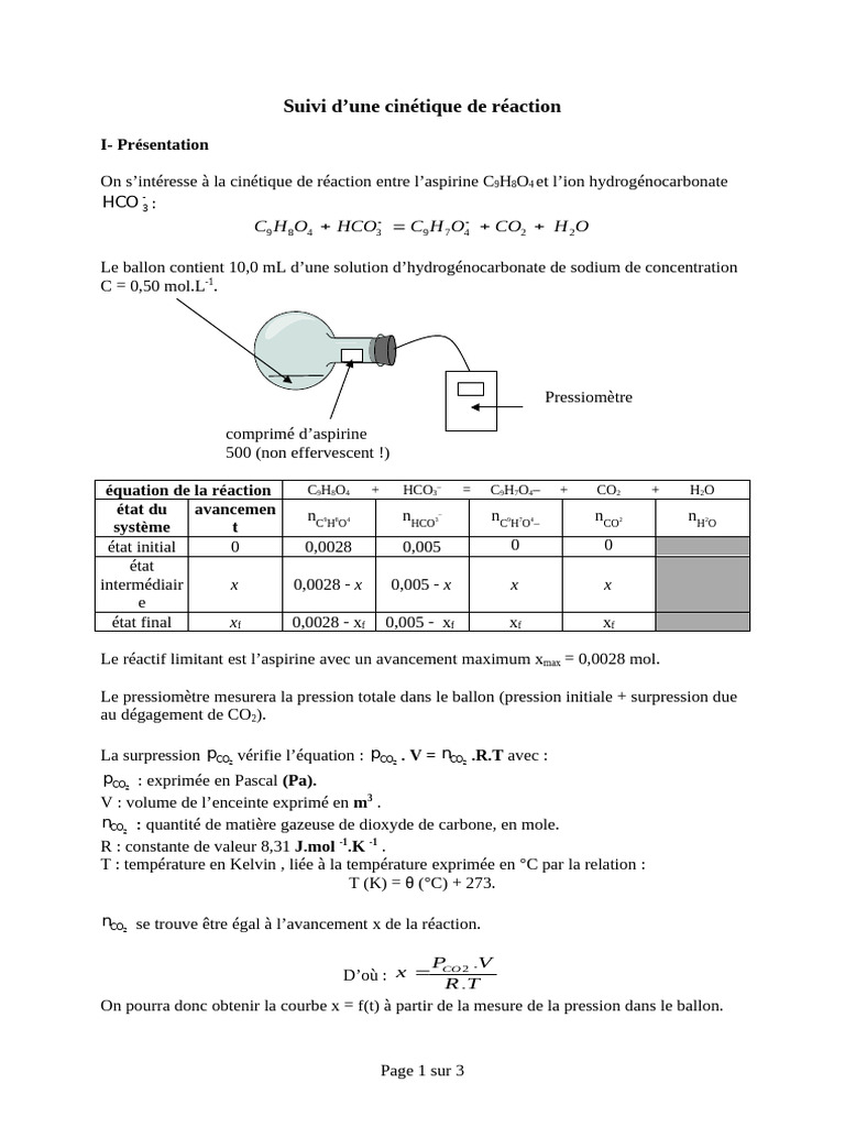 TP Suivi Cinetique Pression | PDF | Cinétique chimique | Pression
