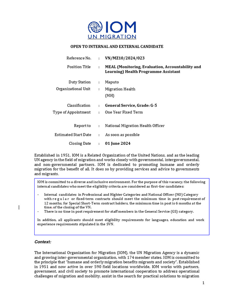 VN 023 2024 Meal Health Programme Assistant | Download Free PDF | Human Migration ...