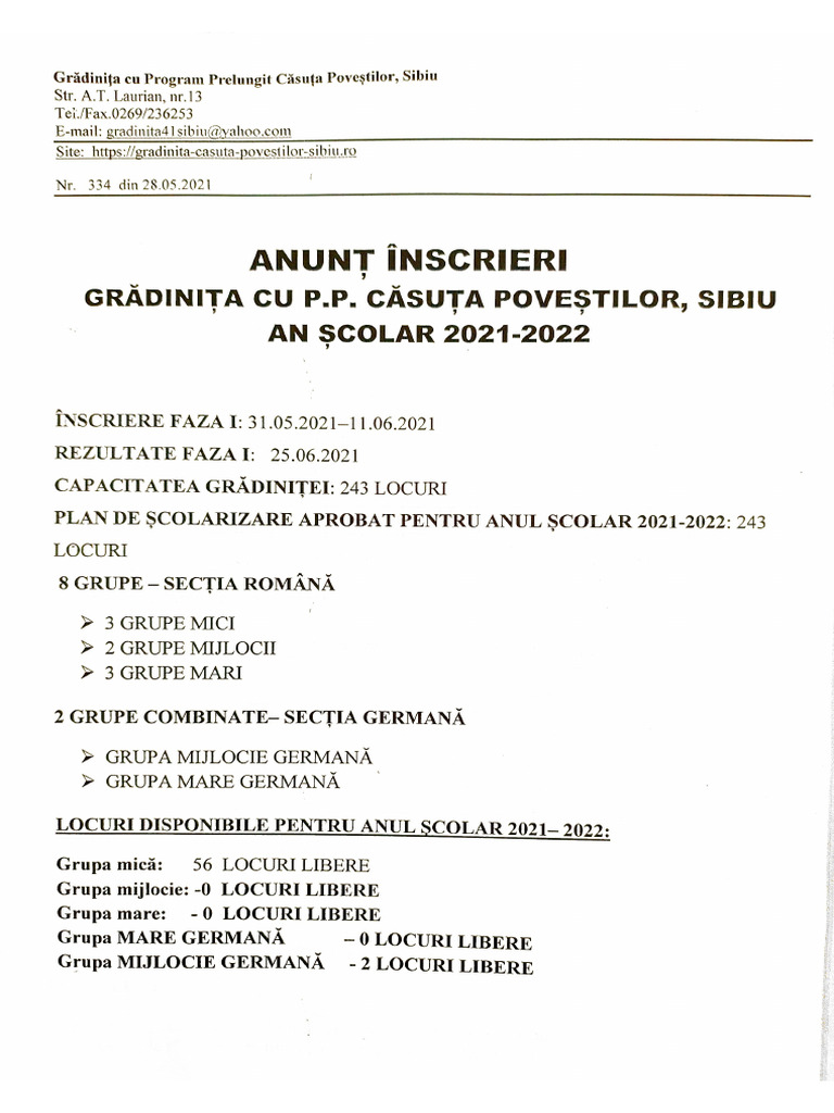 Anunt Inscrieri Gradinita 2021 2022 | PDF