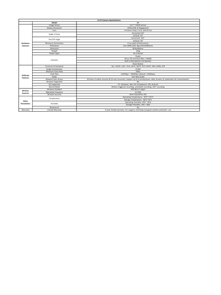 E1 IP Camera Specifications Overview | PDF | Smartphone | Computing