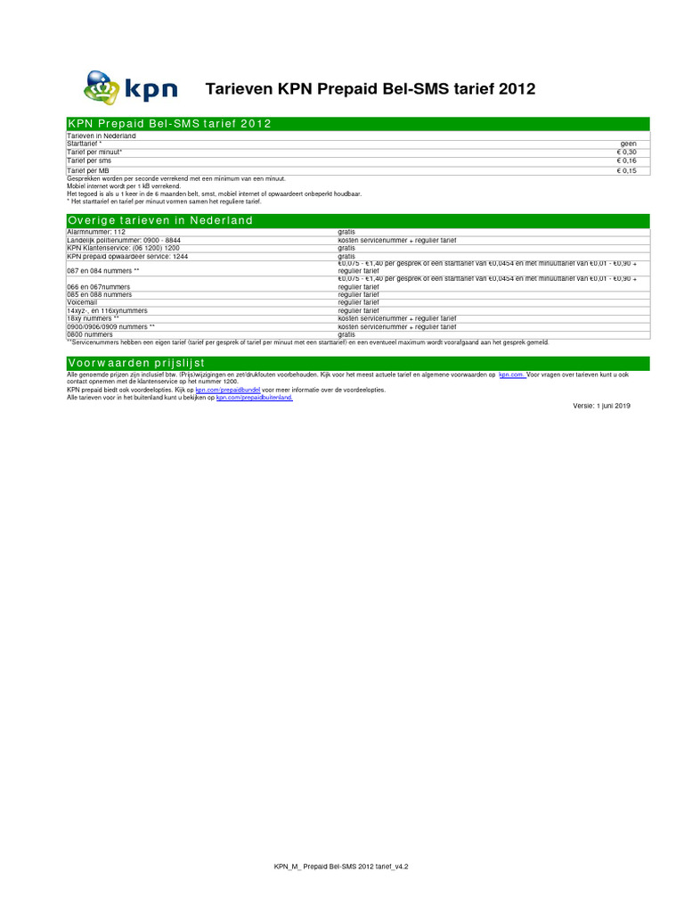 KPN - M - Prepaid Bel-SMS 2012 Tarief - v4.2 | PDF
