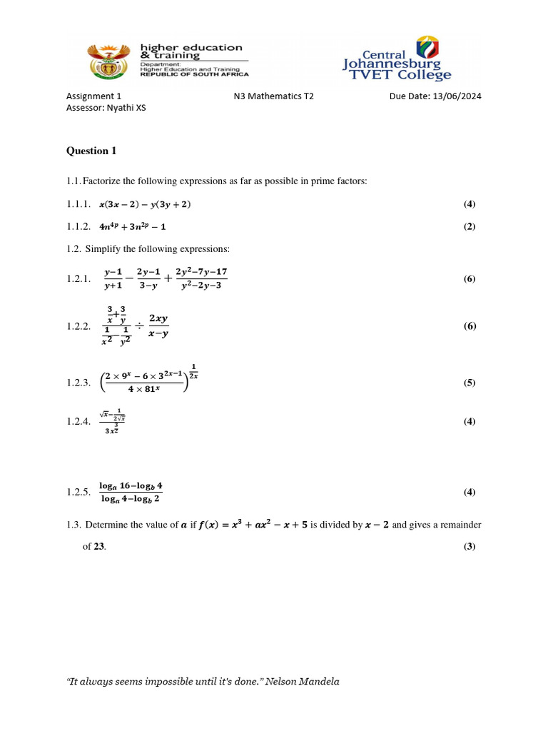 Assignment 1 N3 T2 2024 Math | PDF | Arithmetic | Mathematical Objects