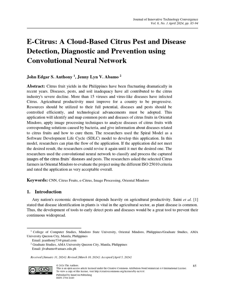 E-Citrus: A Cloud-Based Citrus Pest and Disease Detection, Diagnostic and Prevention Using ...