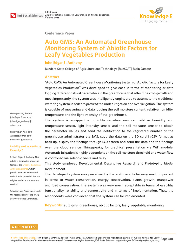 Auto GMS: An Automated Greenhouse Monitoring System of Abiotic Factors for Leafy Vegetables ...