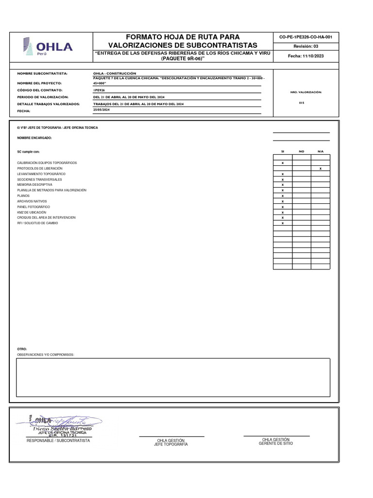 Hoja de Ruta Topografia - OT Val N 15 PQT 7 Chicama OHLA Mayo 2024 | Descargar gratis PDF ...