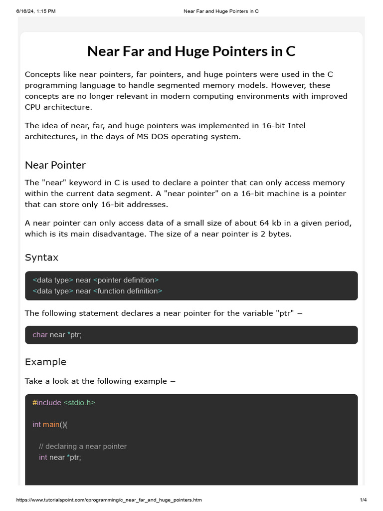 Near Far And Huge Pointers In C Pdf Pointer Computer Programming Integer Computer Science 