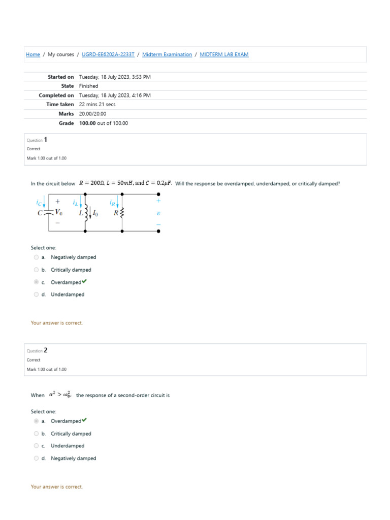 Fundamentals of Electric Circuits 2 - Midterm Lab Exam | PDF | Damping | Electronic Engineering
